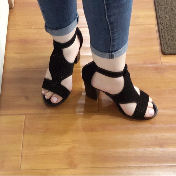 Shoes | Black Heel Open Toe Perforated Block He | Poshmark